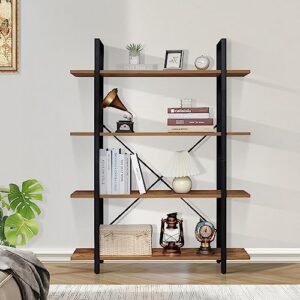 Iwell 4-Tier Bookshelf, Tall Bookcase with Metal Frame, Book Shelf, Open Display Shelves for Living Room, Bedroom, Home Office, Rustic Brown