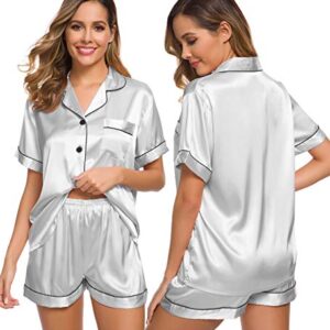 SWOMOG Womens Silk Satin Pajamas Set Two-piece Pj Sets Sleepwear Loungewear Button-Down Pj Sets Grey