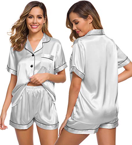 SWOMOG Womens Silk Satin Pajamas Set Two-piece Pj Sets Sleepwear Loungewear Button-Down Pj Sets Grey