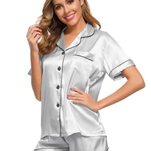 SWOMOG Womens Silk Satin Pajamas Set Two-piece Pj Sets Sleepwear Loungewear Button-Down Pj Sets Grey