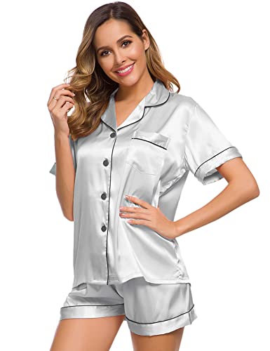 SWOMOG Womens Silk Satin Pajamas Set Two-piece Pj Sets Sleepwear Loungewear Button-Down Pj Sets Grey