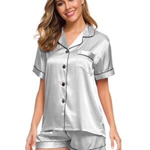 SWOMOG Womens Silk Satin Pajamas Set Two-piece Pj Sets Sleepwear Loungewear Button-Down Pj Sets Grey