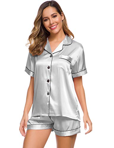 SWOMOG Womens Silk Satin Pajamas Set Two-piece Pj Sets Sleepwear Loungewear Button-Down Pj Sets Grey