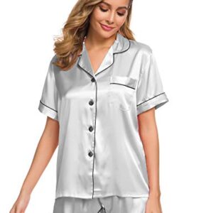 SWOMOG Womens Silk Satin Pajamas Set Two-piece Pj Sets Sleepwear Loungewear Button-Down Pj Sets Grey