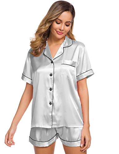 SWOMOG Womens Silk Satin Pajamas Set Two-piece Pj Sets Sleepwear Loungewear Button-Down Pj Sets Grey