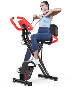 pooboo folding exercise bike, foldable fitness stationary bike machine, upright indoor cycling bike, 4-in-1 magnetic x-bike with 8-level adjustable resistance, bottle holder, arm resistance bands, pulse sensor & back support cushion for home gym workout (