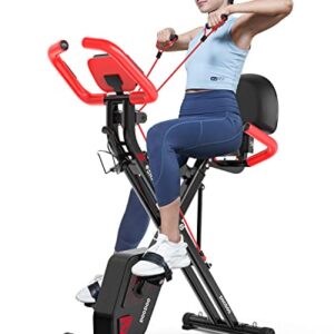 pooboo Folding Exercise Bike, Foldable Fitness Stationary Bike Machine, Upright Indoor Cycling Bike, 4-in-1 Magnetic X-Bike with 8-Level Adjustable Resistance, Bottle Holder, Arm Resistance Bands, Pulse Sensor & Back Support Cushion for Home Gym Workout (