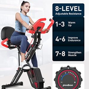 pooboo Folding Exercise Bike, Foldable Fitness Stationary Bike Machine, Upright Indoor Cycling Bike, 4-in-1 Magnetic X-Bike with 8-Level Adjustable Resistance, Bottle Holder, Arm Resistance Bands, Pulse Sensor & Back Support Cushion for Home Gym Workout (