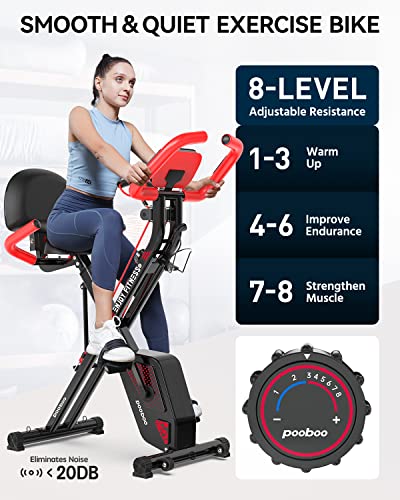 pooboo Folding Exercise Bike, Foldable Fitness Stationary Bike Machine, Upright Indoor Cycling Bike, 4-in-1 Magnetic X-Bike with 8-Level Adjustable Resistance, Bottle Holder, Arm Resistance Bands, Pulse Sensor & Back Support Cushion for Home Gym Workout (