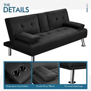 Yaheetech Linen Fabric Modern Sofa Bed Futon Couch Bed Folding Recliner Sleeper Reversible Loveseat Convertible Daybed, 2 Cup Holders, 3 Angles, 772lb Capacity, Removable Armrests, Black