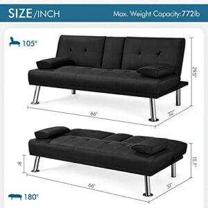 Yaheetech Linen Fabric Modern Sofa Bed Futon Couch Bed Folding Recliner Sleeper Reversible Loveseat Convertible Daybed, 2 Cup Holders, 3 Angles, 772lb Capacity, Removable Armrests, Black