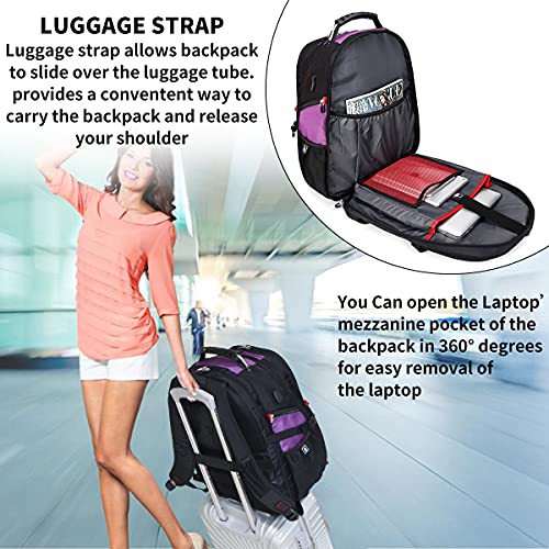 SHRRADOO Extra Large 52L Travel Laptop Backpack with USB Charging Port, College Backpack Airline Approved Business Work Bag Fit 17 Inch Laptops for Men Women,Purple