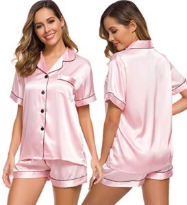 swomog womens silk satin pajamas set two-piece pj sets sleepwear loungewear button-down pj sets pink