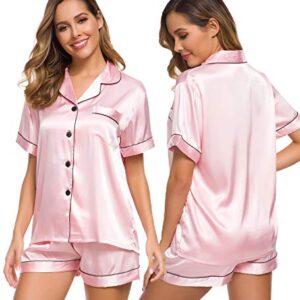 SWOMOG Womens Silk Satin Pajamas Set Two-piece Pj Sets Sleepwear Loungewear Button-Down Pj Sets Pink