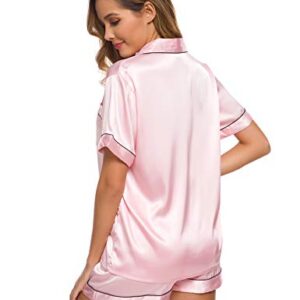 SWOMOG Womens Silk Satin Pajamas Set Two-piece Pj Sets Sleepwear Loungewear Button-Down Pj Sets Pink