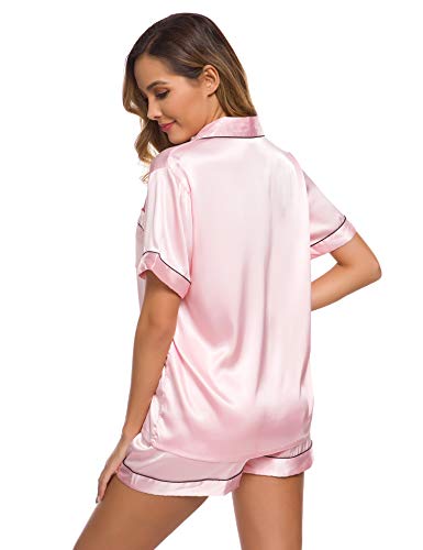 SWOMOG Womens Silk Satin Pajamas Set Two-piece Pj Sets Sleepwear Loungewear Button-Down Pj Sets Pink