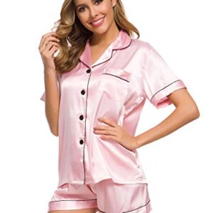 SWOMOG Womens Silk Satin Pajamas Set Two-piece Pj Sets Sleepwear Loungewear Button-Down Pj Sets Pink