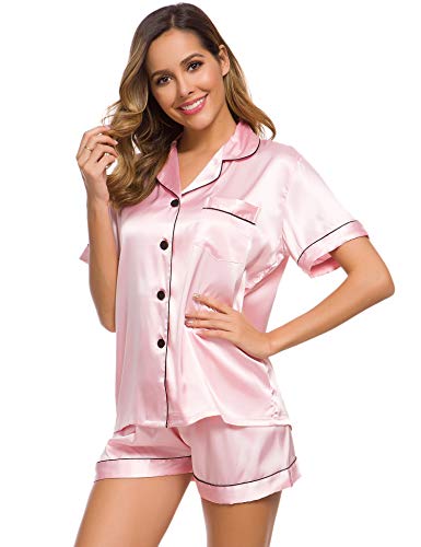 SWOMOG Womens Silk Satin Pajamas Set Two-piece Pj Sets Sleepwear Loungewear Button-Down Pj Sets Pink