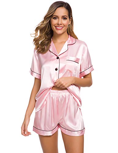 SWOMOG Womens Silk Satin Pajamas Set Two-piece Pj Sets Sleepwear Loungewear Button-Down Pj Sets Pink