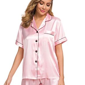 SWOMOG Womens Silk Satin Pajamas Set Two-piece Pj Sets Sleepwear Loungewear Button-Down Pj Sets Pink