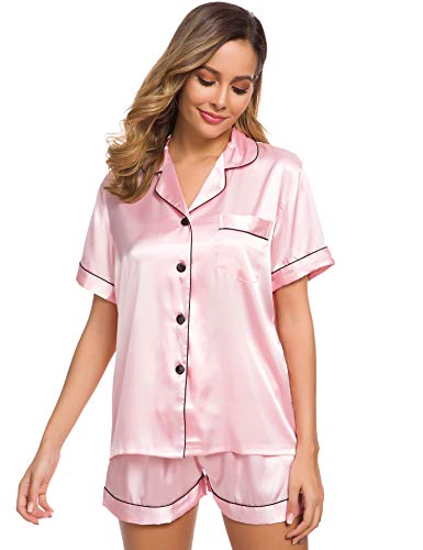 SWOMOG Womens Silk Satin Pajamas Set Two-piece Pj Sets Sleepwear Loungewear Button-Down Pj Sets Pink