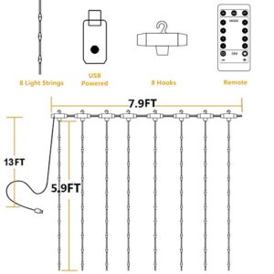 YEOLEH String Lights Curtain,USB Powered Fairy Lights for Bedroom Wall Party,8 Modes & IP64 Waterproof Ideal for Outdoor Wedding Decor (White,7.9Ft x 5.9Ft)