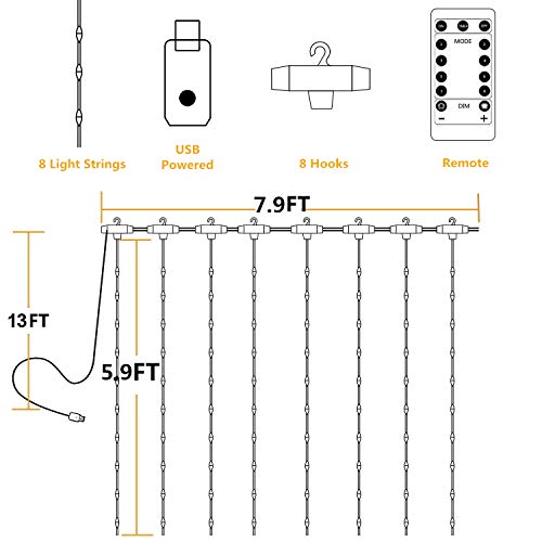 YEOLEH String Lights Curtain,USB Powered Fairy Lights for Bedroom Wall Party,8 Modes & IP64 Waterproof Ideal for Outdoor Wedding Decor (White,7.9Ft x 5.9Ft)