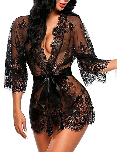 Avidlove sexy lingerie for women plus size Women's Lace Kimono Robe Babydoll Lingerie Nightgown Cover Ups Sheer Gown Nightwear (XXXL Black)