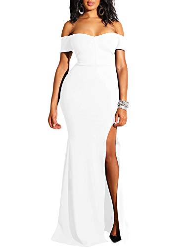 YMDUCH Women's Off Shoulder High Split Long Formal Party Dress Evening Gown White