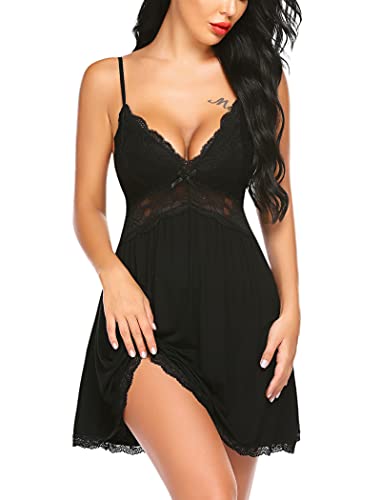 Avidlove Sexy Sleepwear for Women Chemise Nightgown Slip Lingerie Dress V-Neck Night Gown (Black, L)