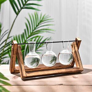 Kingbuy Plant Propagation Stations Terrarium Glass Desktop Planter with Retro Wooden Stand 3 Bulb Vases for Hydroponics Indoor Office Desk Home Decor, Plant Holder Lover Gifts for Women