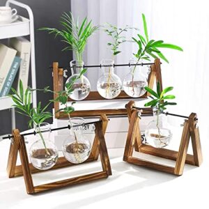 Kingbuy Plant Propagation Stations Terrarium Glass Desktop Planter with Retro Wooden Stand 3 Bulb Vases for Hydroponics Indoor Office Desk Home Decor, Plant Holder Lover Gifts for Women