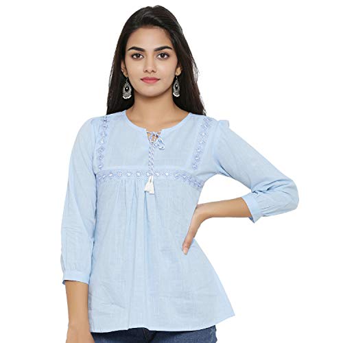 Yash Gallery Indian Cotton Embroidered Summer Ragular Tops for Women (Light Blue)