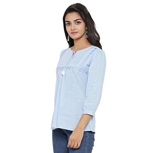 Yash Gallery Indian Cotton Embroidered Summer Ragular Tops for Women (Light Blue)