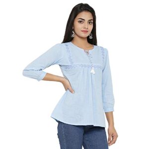 Yash Gallery Indian Cotton Embroidered Summer Ragular Tops for Women (Light Blue)