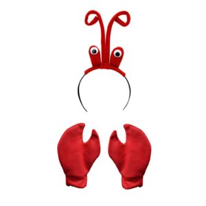 Lobster Antenna Headpiece With Eyeballs, Crab Claws Gloves Headband Mitt Kit - Crawfish Costume Accessories Set Red, One Size