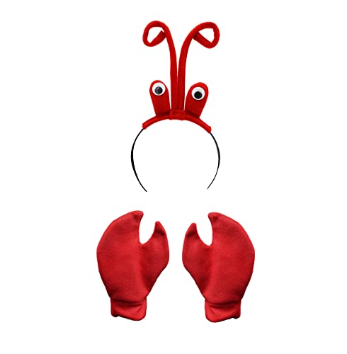 Lobster Antenna Headpiece With Eyeballs, Crab Claws Gloves Headband Mitt Kit - Crawfish Costume Accessories Set Red, One Size