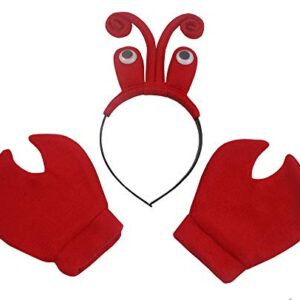 Lobster Antenna Headpiece With Eyeballs, Crab Claws Gloves Headband Mitt Kit - Crawfish Costume Accessories Set Red, One Size