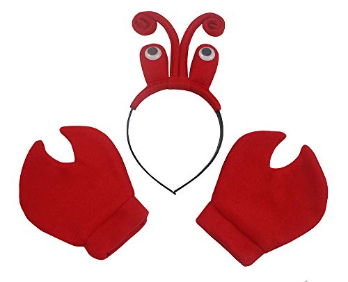 Lobster Antenna Headpiece With Eyeballs, Crab Claws Gloves Headband Mitt Kit - Crawfish Costume Accessories Set Red, One Size