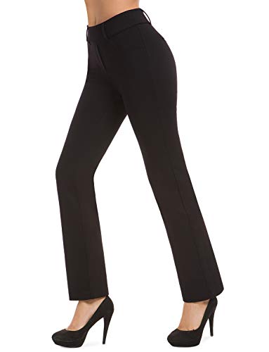 Bamans Women's Bootcut Pull-On Dress Pants Office Business Casual Yoga Work Pants with Key Pocket Straight Leg (Black, Medium)