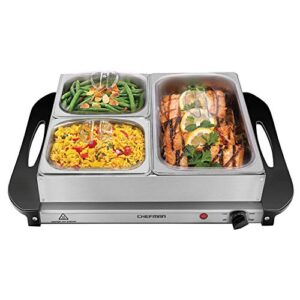 chefman electric buffet server + warming tray w/adjustable temperature & 3 chafing dishes, hot plate perfect for holidays, catering, parties, events & home dinners, 14" x 14" surface, stainless steel