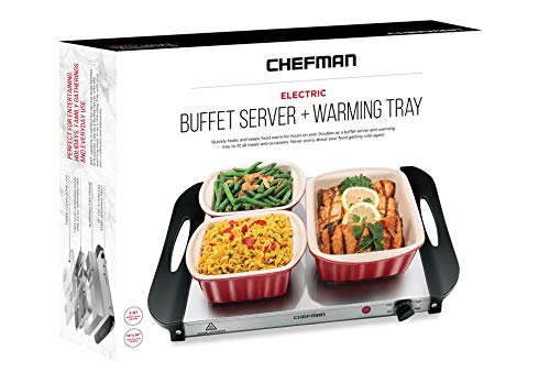 Chefman Electric Buffet Server + Warming Tray w/Adjustable Temperature & 3 Chafing Dishes, Hot Plate Perfect for Holidays, Catering, Parties, Events & Home Dinners, 14" x 14" Surface, Stainless Steel