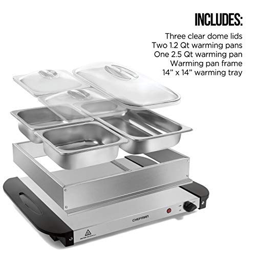 Chefman Electric Buffet Server + Warming Tray w/Adjustable Temperature & 3 Chafing Dishes, Hot Plate Perfect for Holidays, Catering, Parties, Events & Home Dinners, 14" x 14" Surface, Stainless Steel