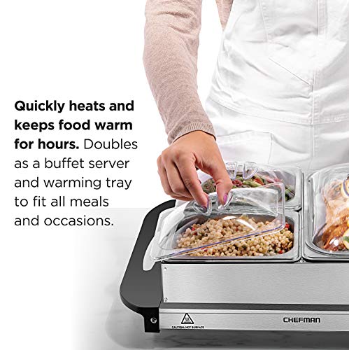 Chefman Electric Buffet Server + Warming Tray w/Adjustable Temperature & 3 Chafing Dishes, Hot Plate Perfect for Holidays, Catering, Parties, Events & Home Dinners, 14" x 14" Surface, Stainless Steel