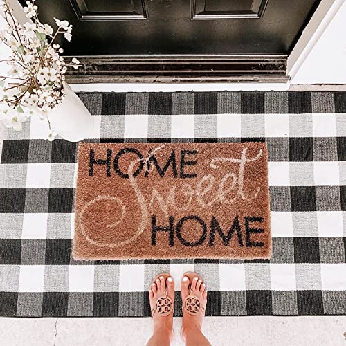 SEEKSEE Cotton Buffalo Plaid Rug 3'x 5' Black and White Hand Woven Checked Rug Washable Doormats Indoor Outdoor Rugs for Layered Front Door Mats, Porch, Kitchen, Farmhouse, Entryway