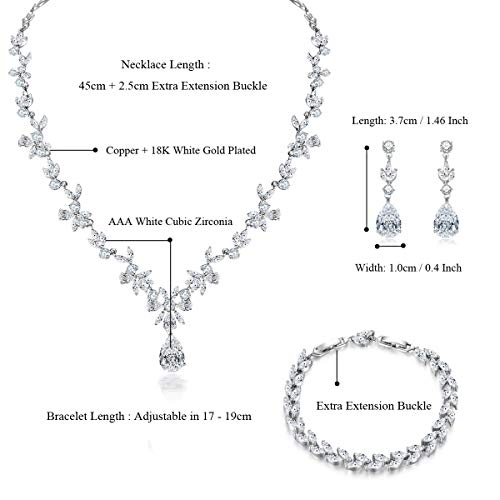 Hadskiss Jewelry Set for Women, Wedding Party Jewelry for Bridal Bridesmaid, Necklace Dangle Earrings Bracelet Set with White AAA Cubic Zirconia