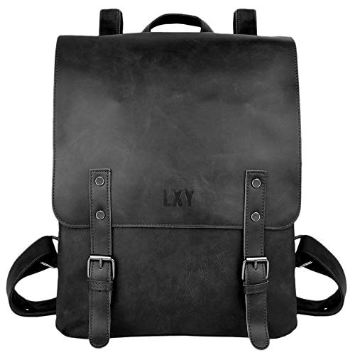 LXY Vegan Leather Backpack Vintage Laptop Bookbag for Women Men, Black Faux Leather Backpack Purse Bookbag Weekend Travel Daypack