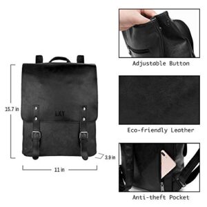 LXY Vegan Leather Backpack Vintage Laptop Bookbag for Women Men, Black Faux Leather Backpack Purse Bookbag Weekend Travel Daypack