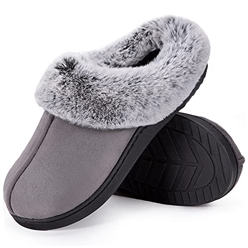 Women's Classic Microsuede Memory Foam Slippers Durable Rubber Sole with Warm Faux Fur Collar (9-10 M, Dark Gray)