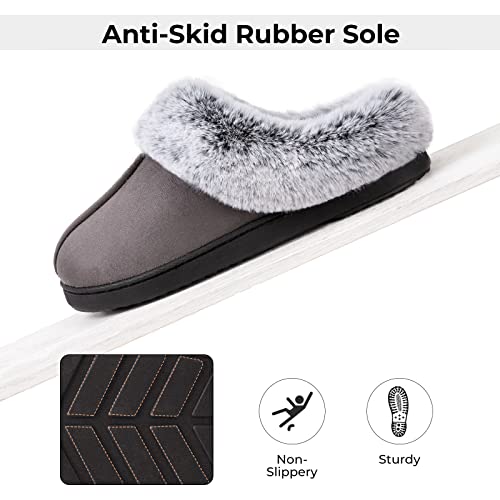 Women's Classic Microsuede Memory Foam Slippers Durable Rubber Sole with Warm Faux Fur Collar (9-10 M, Dark Gray)